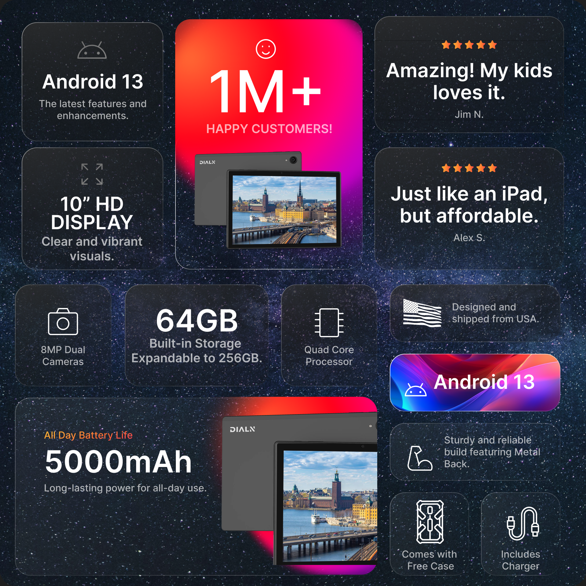 DIALN X10G Android 13 Tablet (4G LTE) - 64GB, 10.1” HD Display, Quad-C